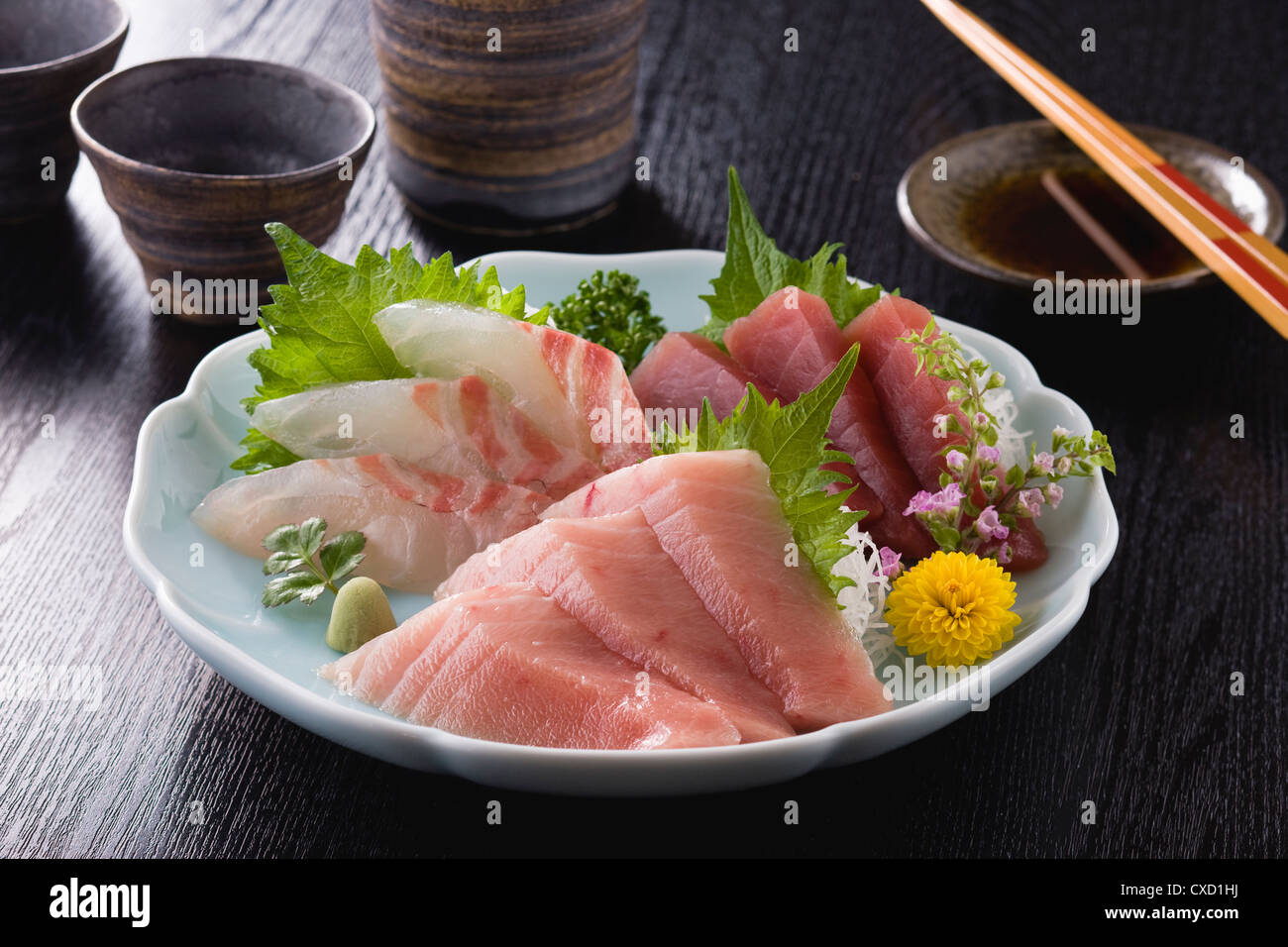 Three Assorted Sashimi, Medium Fatty Tuna, Lean Tuna and Sea Bream Stock Photo - Alamy