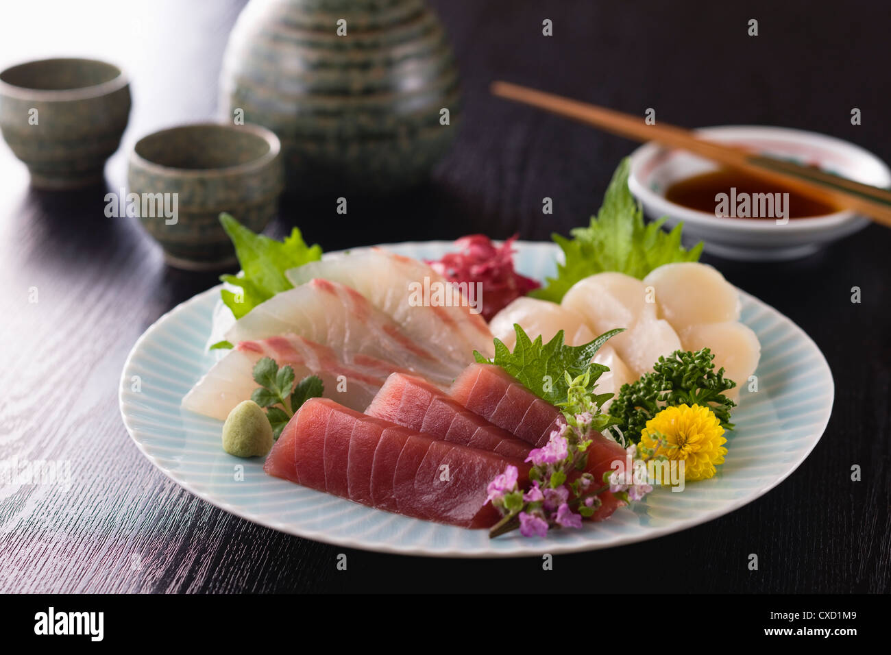 Three Assorted Sashimi, Lean Tuna, Sea Bream and Scallop Stock Photo ...