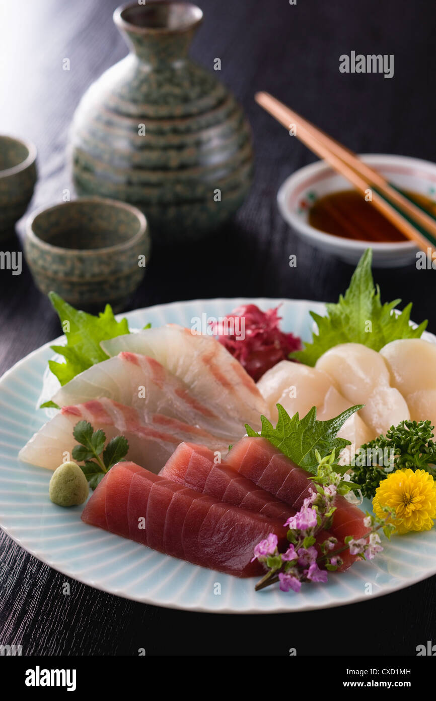 Three Assorted Sashimi, Lean Tuna, Sea Bream and Scallop Stock Photo ...