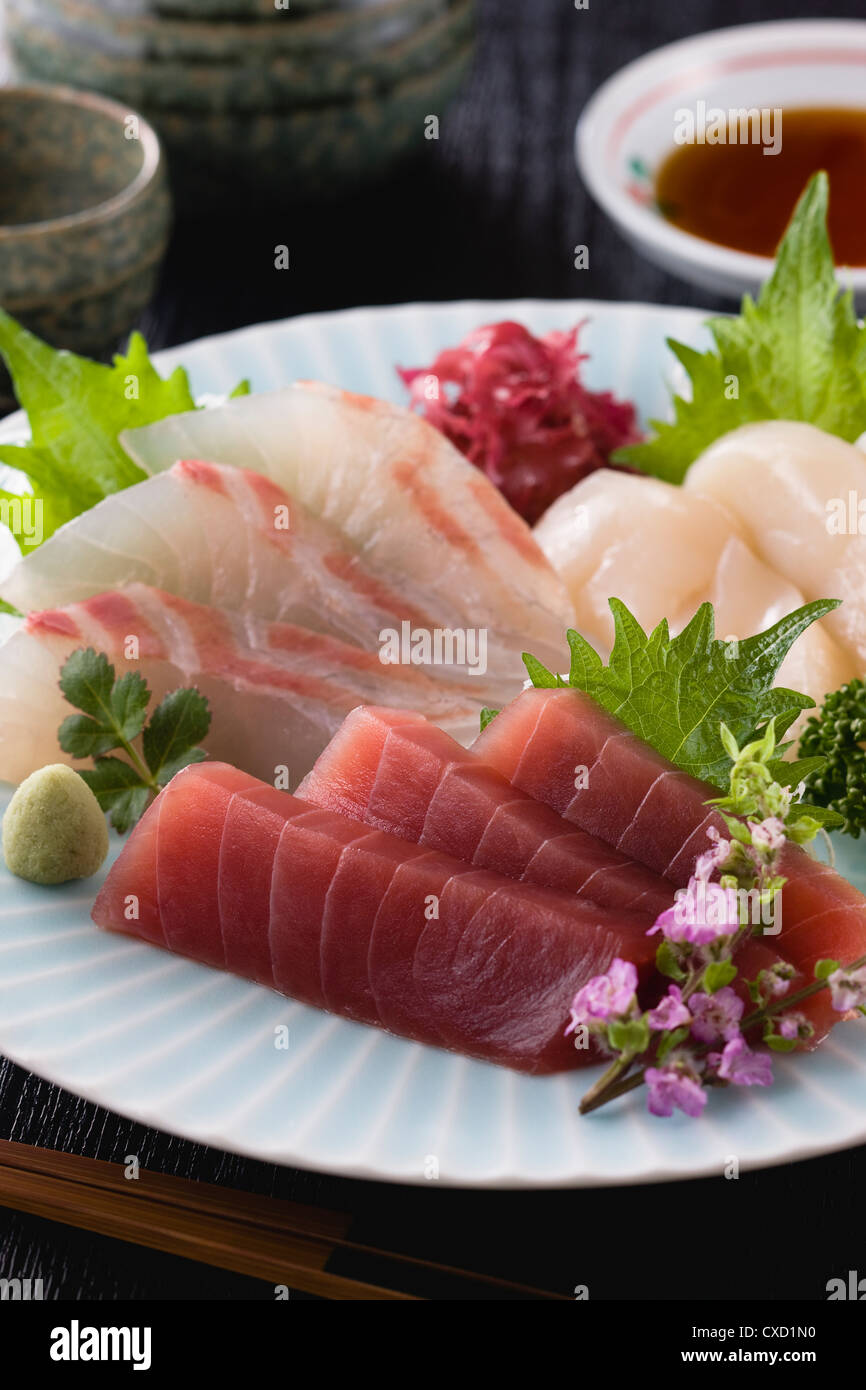 Three Assorted Sashimi, Lean Tuna, Sea Bream and Scallop Stock Photo ...