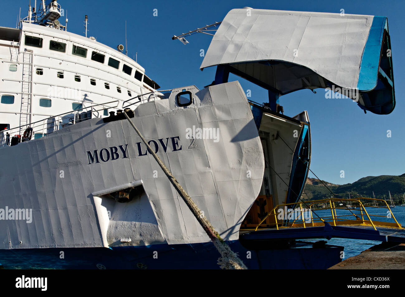 Ferry boat Moby love with raised bow, in Portoferraio, Elba Tuscany ...