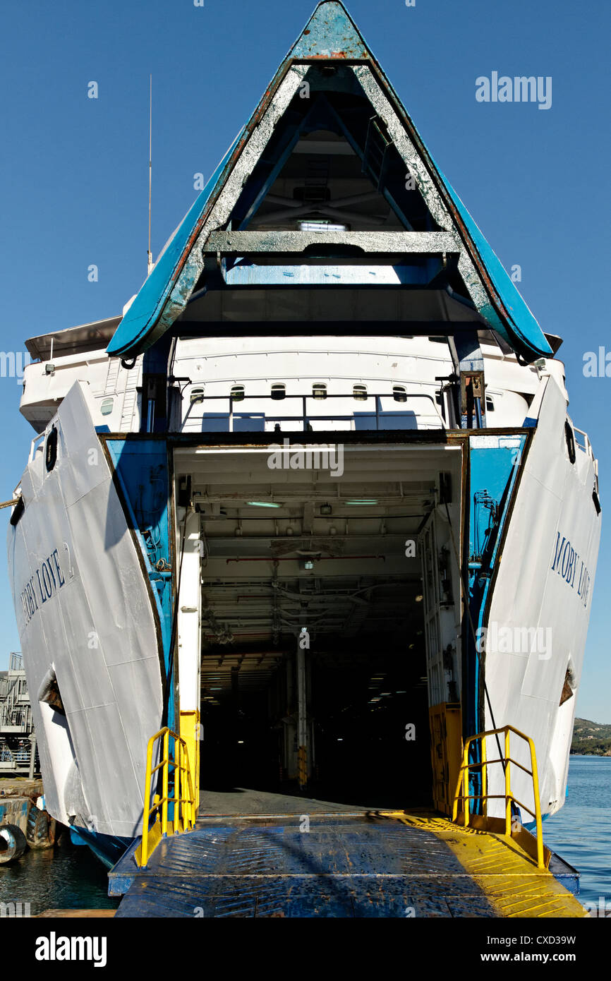 Ferry boat Moby love with raised bow, in Portoferraio, Elba Tuscany ...