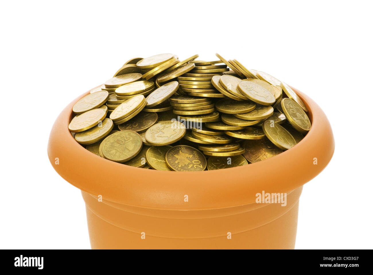 Many coins in the clay pot on white Stock Photo - Alamy