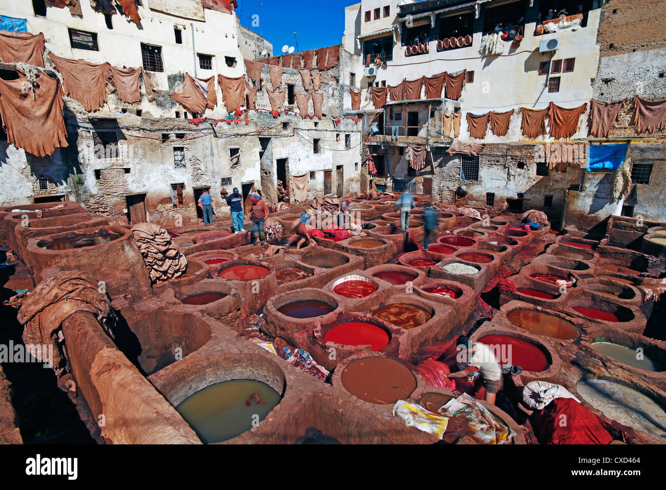 Chouwara traditional leather tannery in Old Fez, vats for tanning and ...