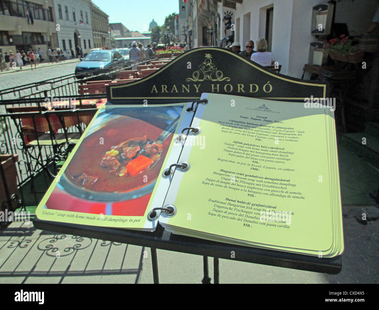 HUNGARY Budapest. Menu outside the 500 year old Arany Hordo restaurant ...