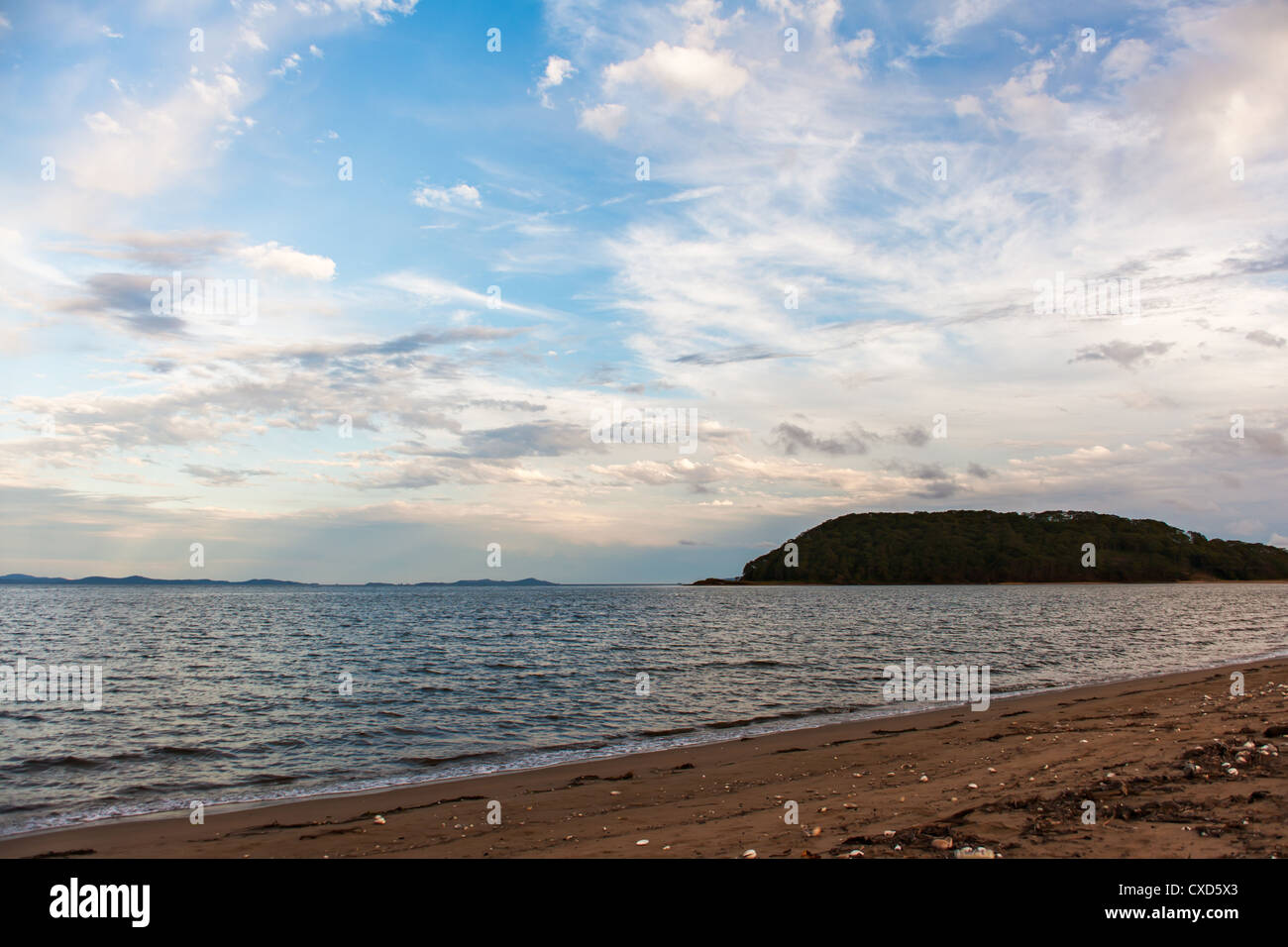 dramatic colorful sunset on the beach of the Japanese sea, real scene ...