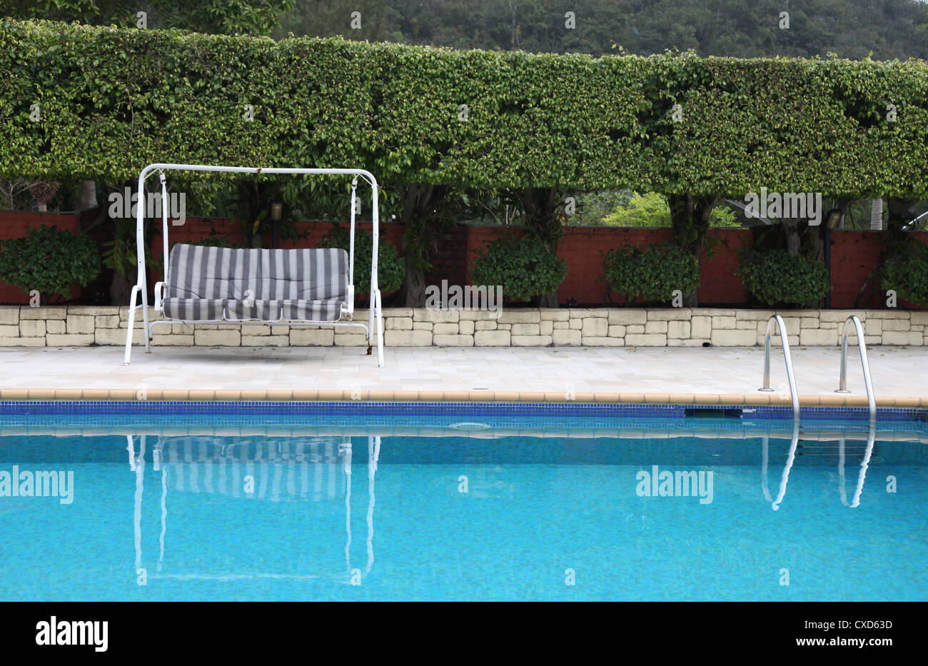 It's a photo of a private personal Swimming Pool beside a house home ...
