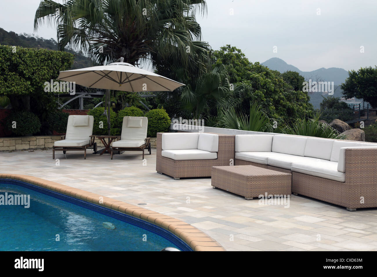 It's a photo of a private personal Swimming Pool beside a house home ...