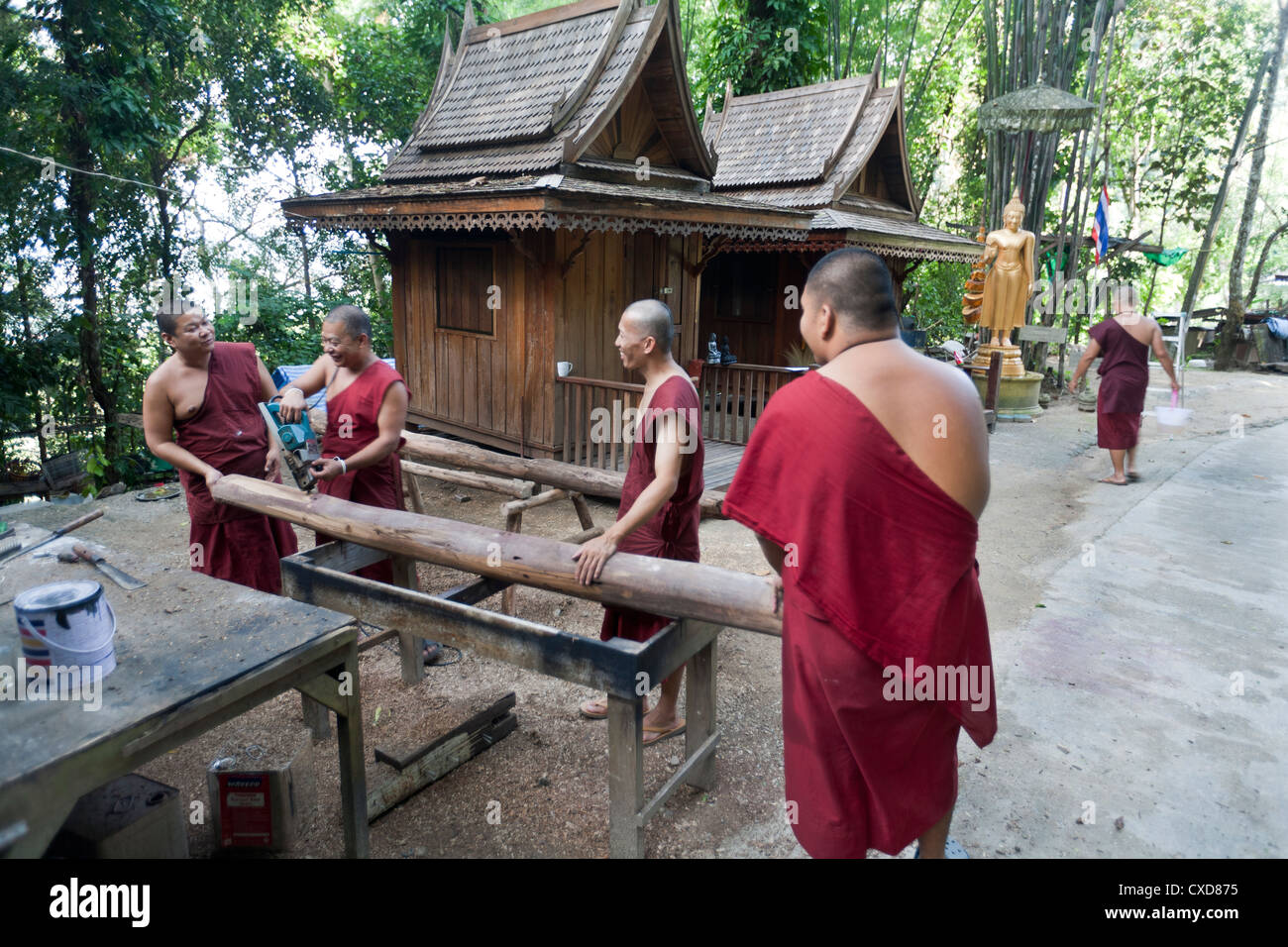 Buddhist monks working on a trunk of wood at Wat Pha Lat monastery ...