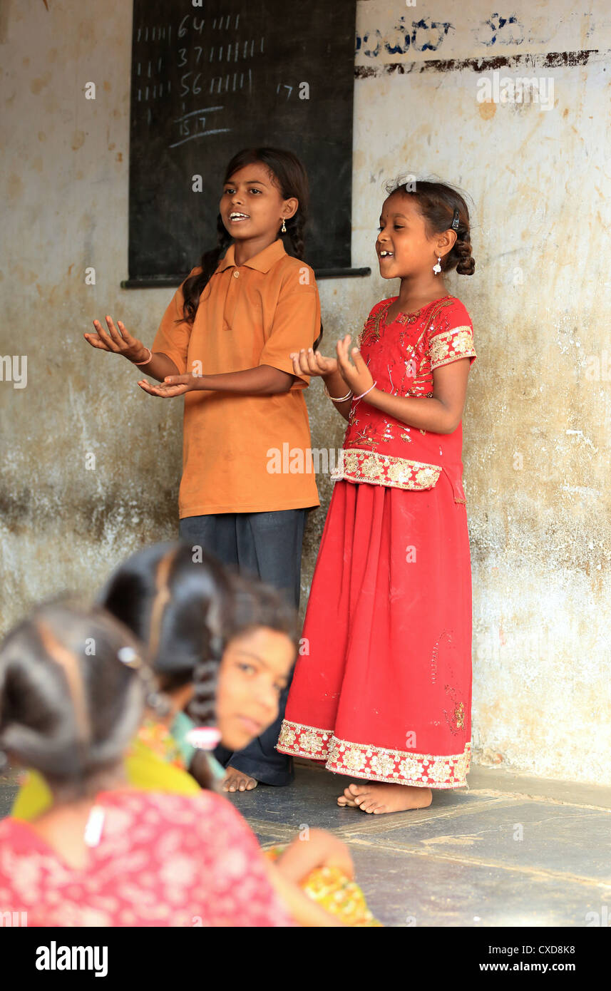 Indian school children performing a traditional dance Andhra Pradesh ...