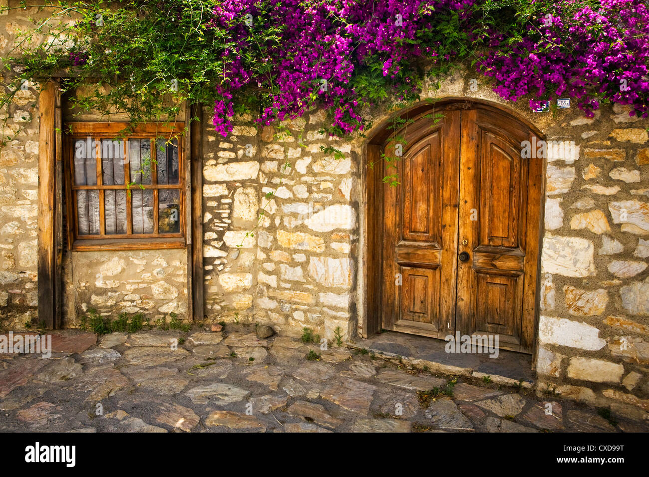 Turkey, Mediterranean, Old Datca. Stone house with bougainvilla ...
