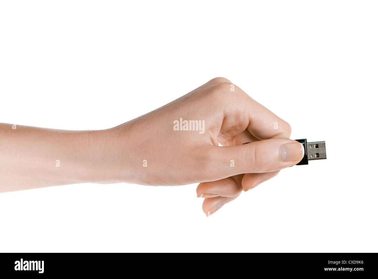 Flash drive in woman hand isolated on white background Stock Photo - Alamy