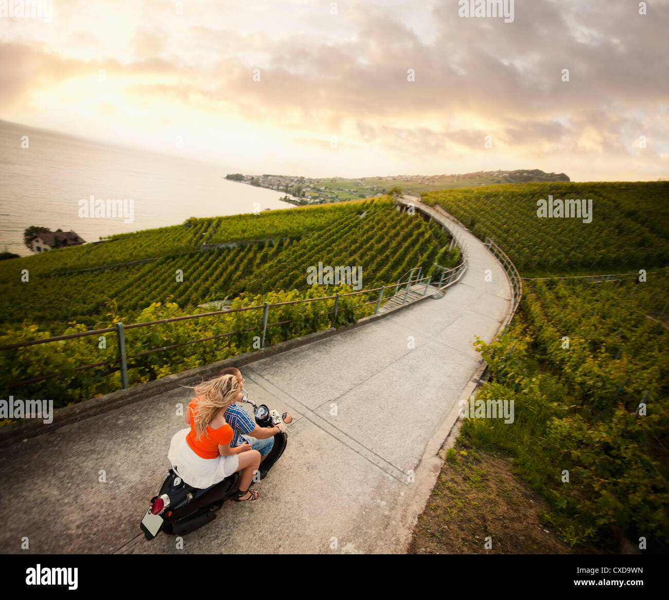 Couple riding scooter in vineyard Stock Photo - Alamy