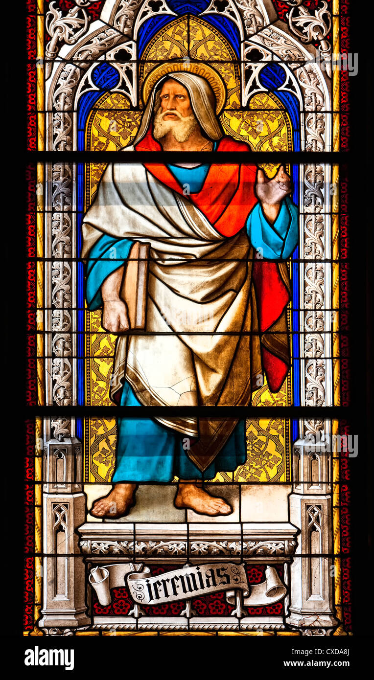 The Prophet Jeremia, coloured stained glass window in Koelner Dom ...