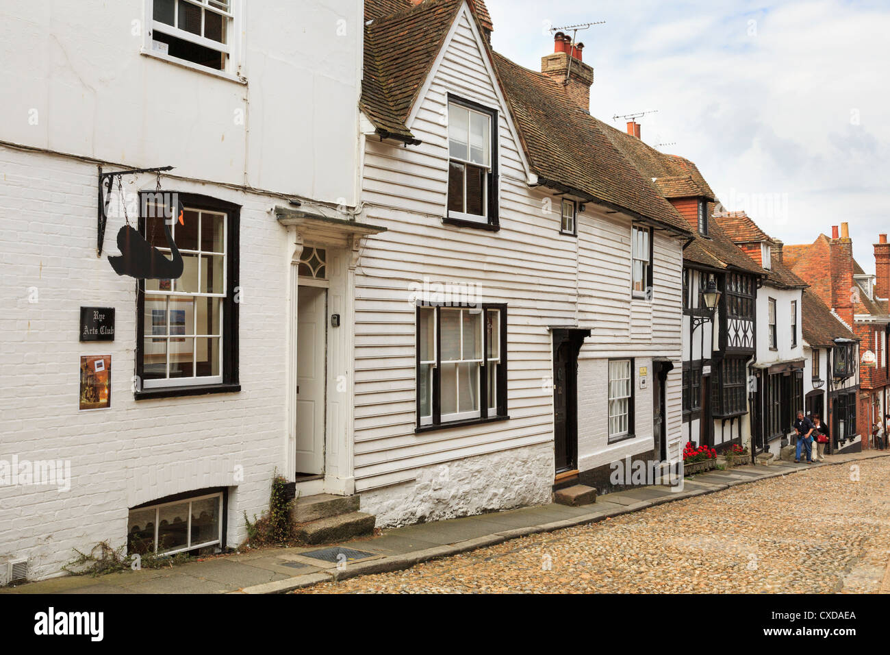 Rye Arts Club on cobbled street with white clapboard and timbered ...