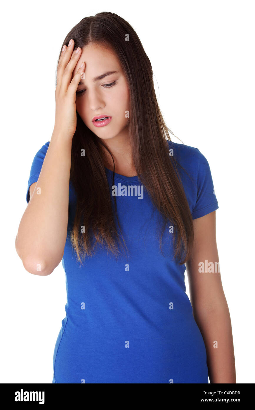 Young sad woman, have big problem or depression, over white background ...