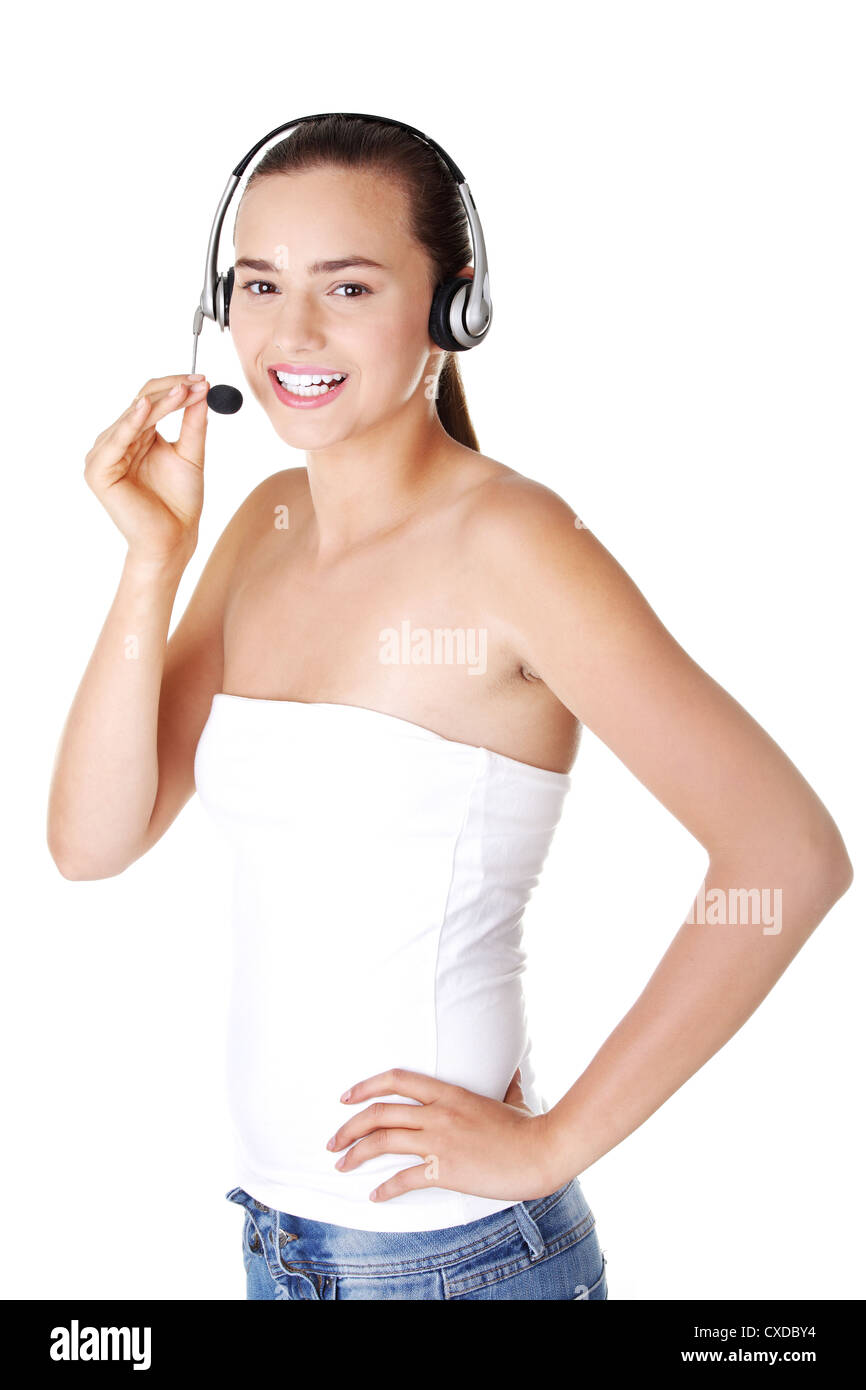 Closeup of attractive customer support representative smiling with ...