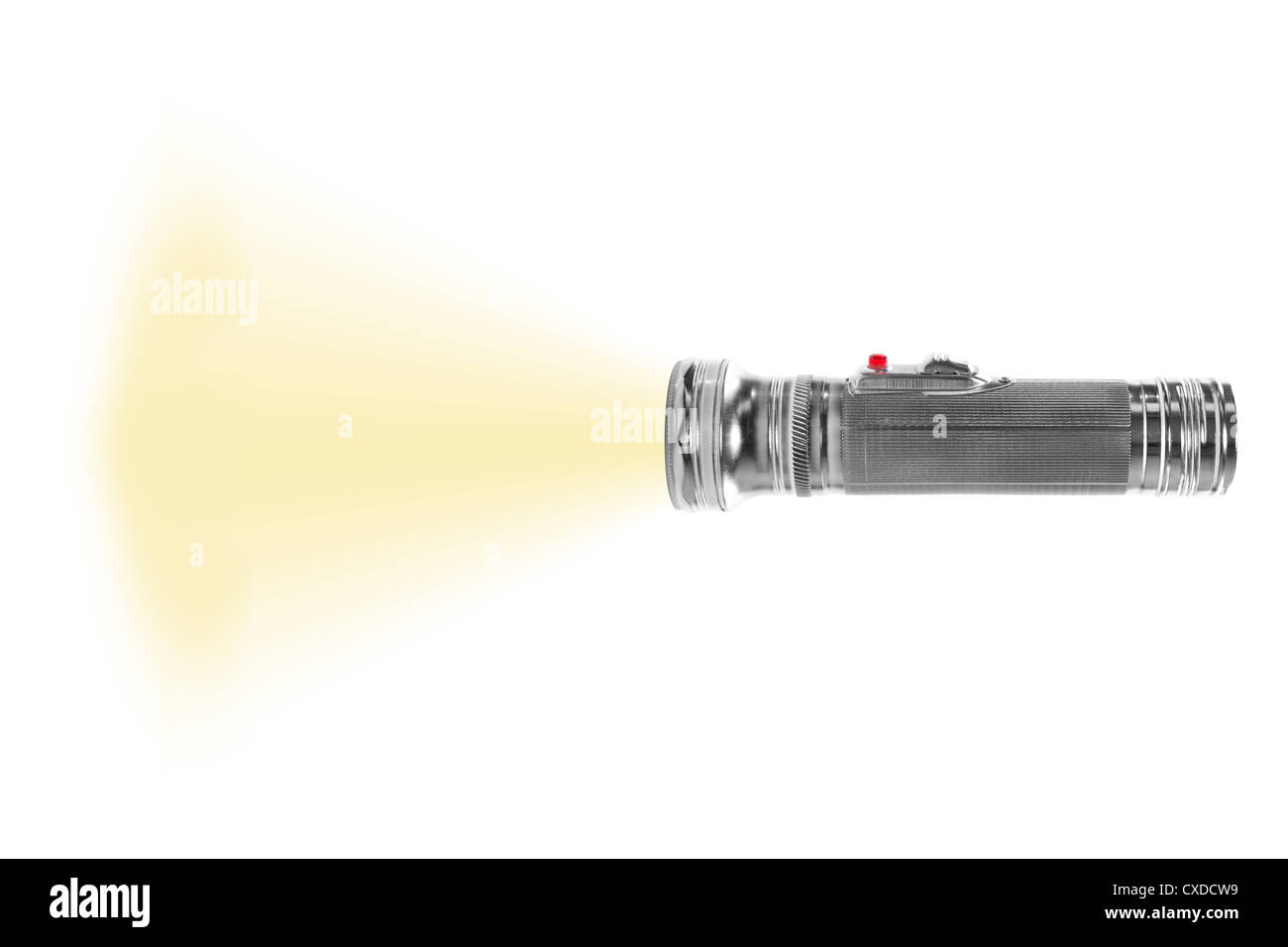 turned on metal flashlight isolated on white Stock Photo - Alamy