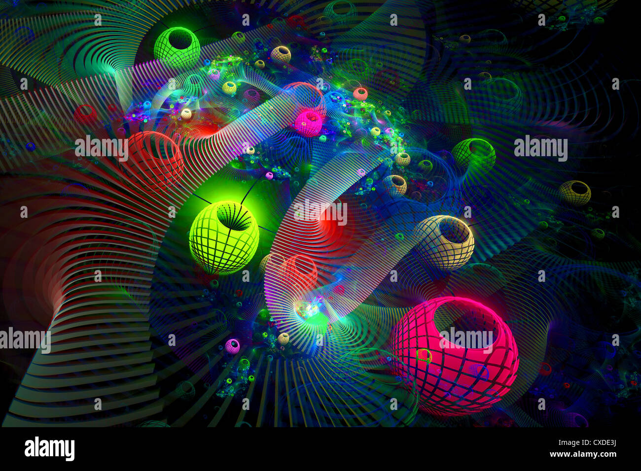 Digtal abstract fractal image green blue spheres and steps on black ...