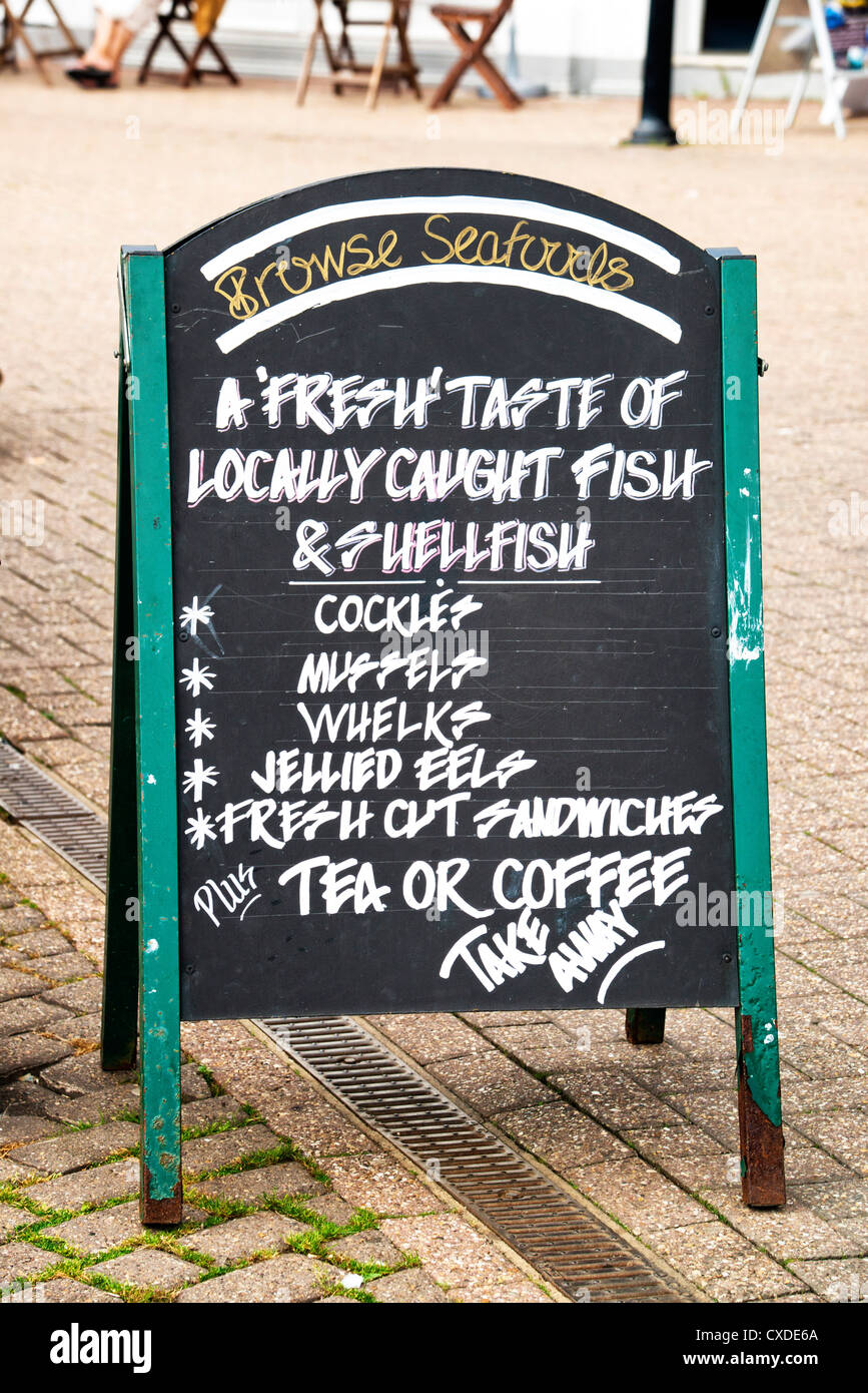 Menu outside a restaurant with advertisement for seafood Stock Photo ...