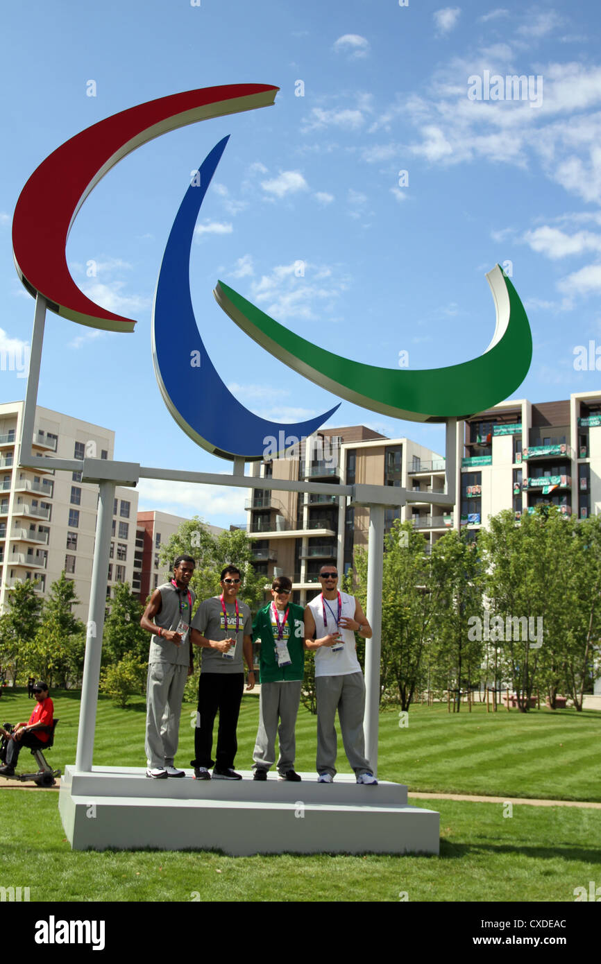 Agitos symbol in the athletes village in the Olympic park. Part of the ...