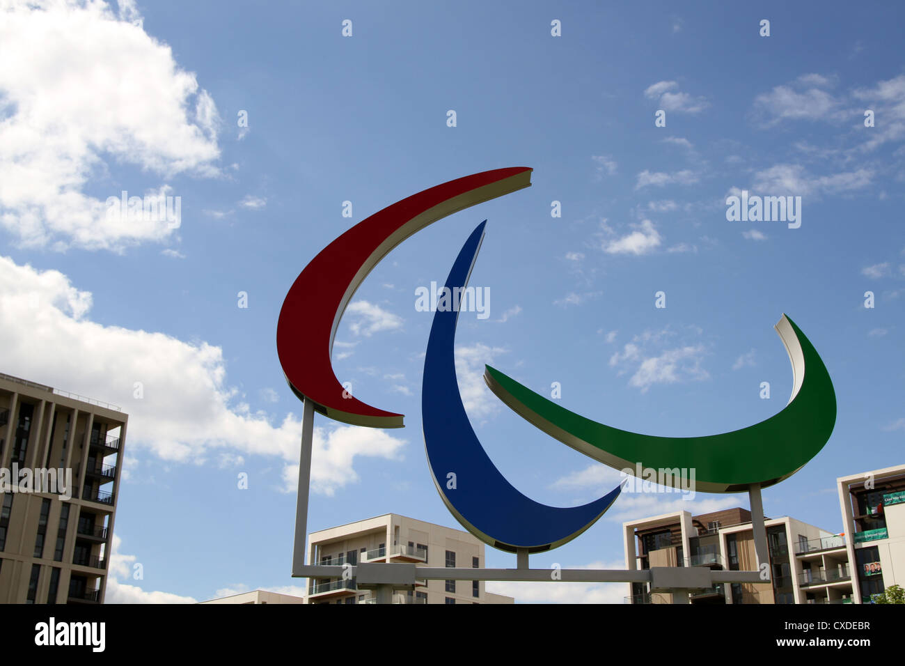 Agitos symbol in the athletes village in the Olympic park. Part of the ...