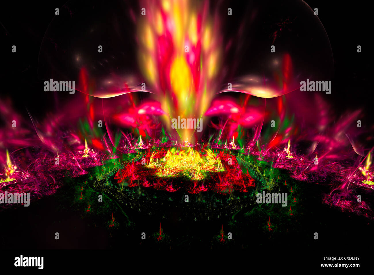 Red and yellow abstract volcano fountain fractal flame on black ...