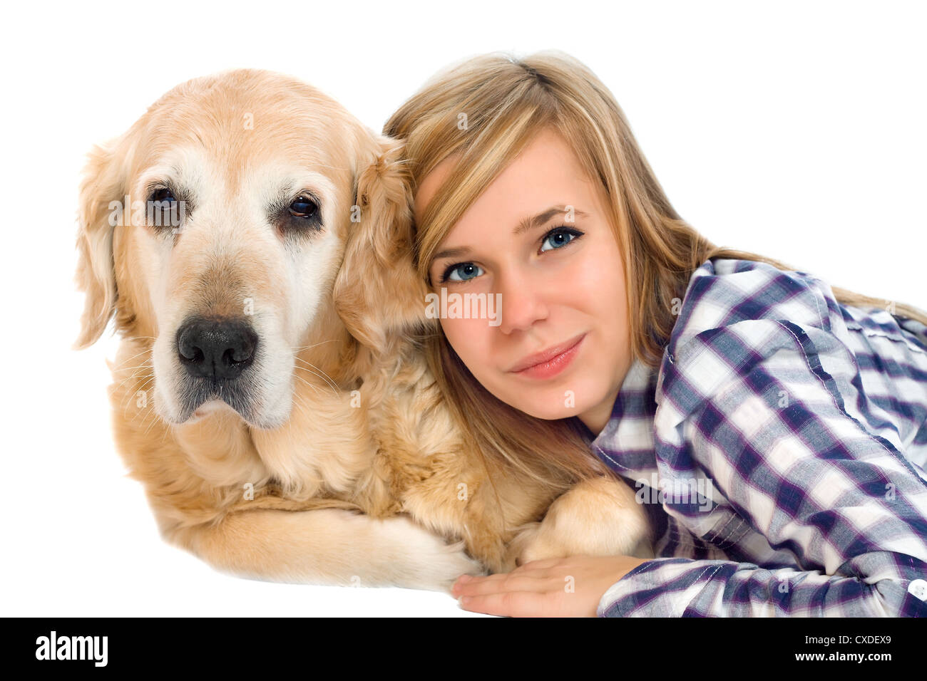Young girl with pet dog isolated on white Stock Photo - Alamy