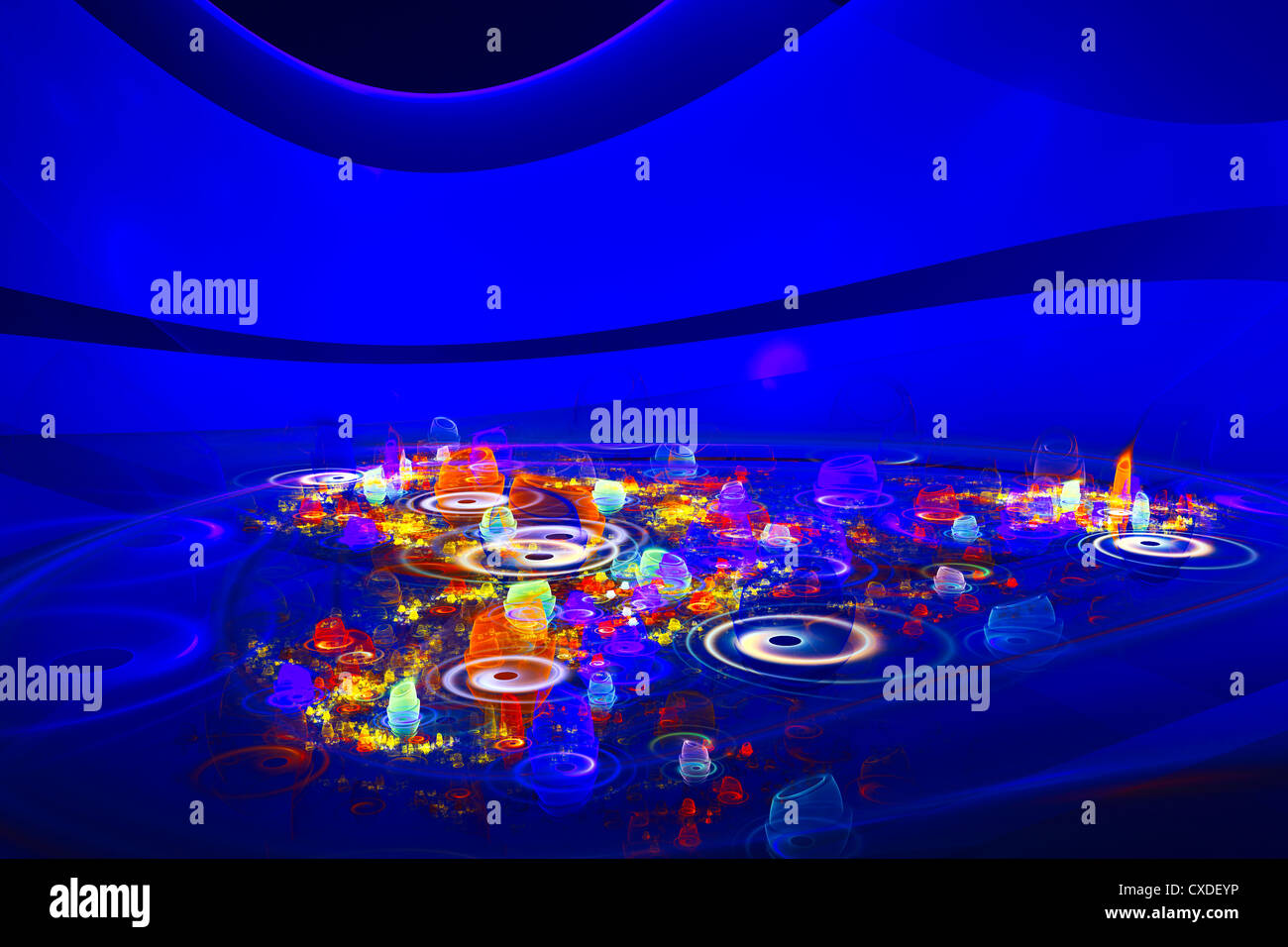 Computer generated blue abstract fractal flame on black background ...