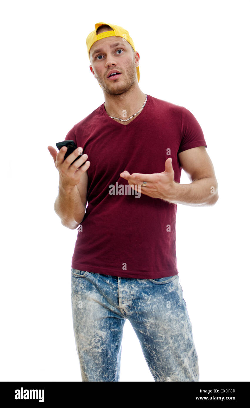 Cool handsome guy with mobile phone. Isolated on white Stock Photo - Alamy