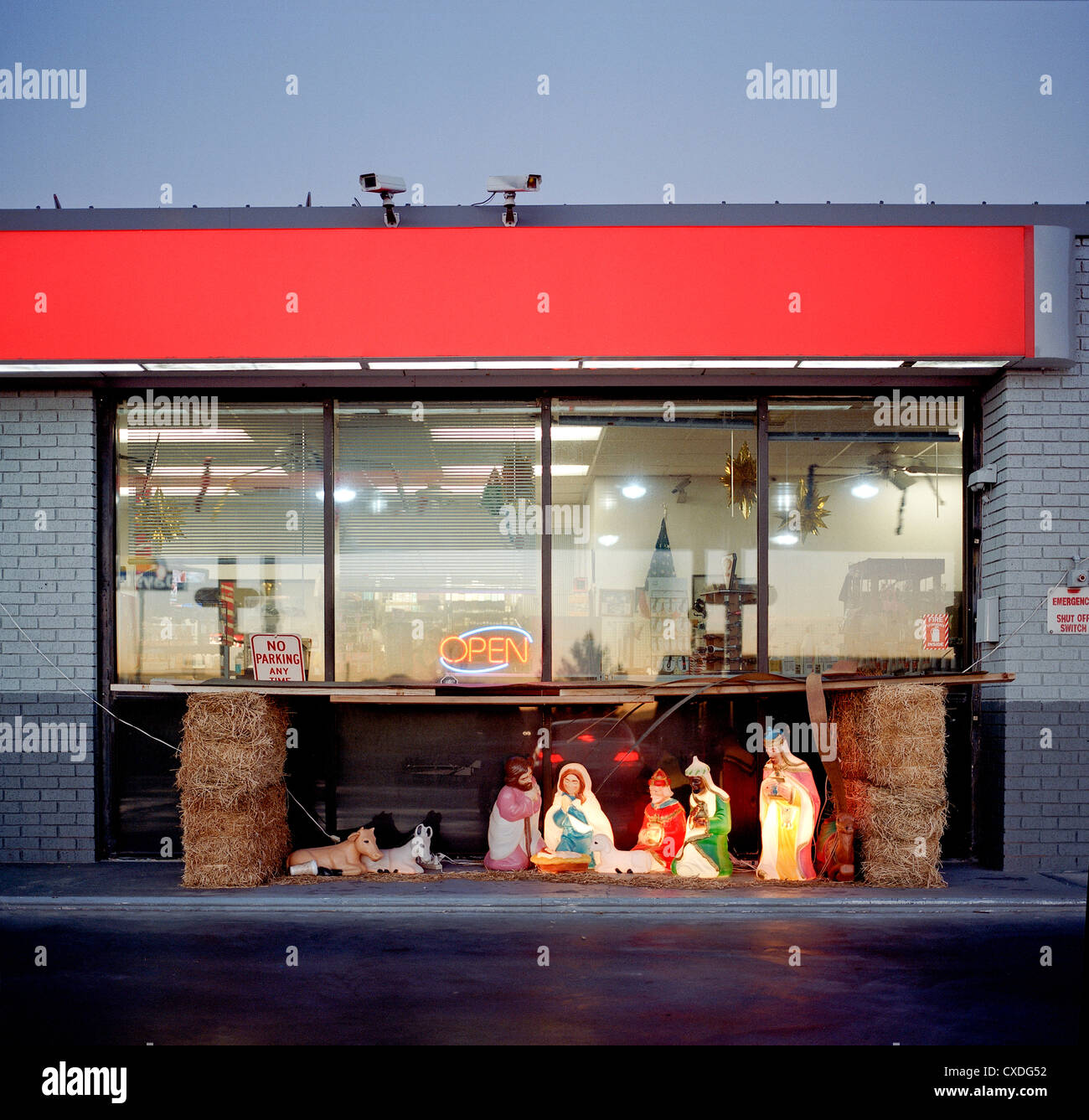 Christian nativity in front of store Stock Photo - Alamy