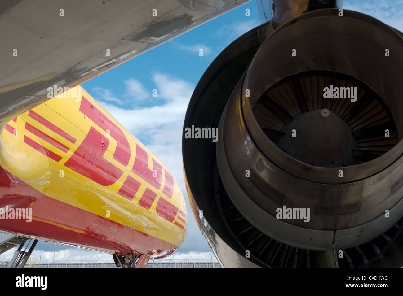 Alternative view of a DHL Boeing 757 freighter aircraft looking at the ...