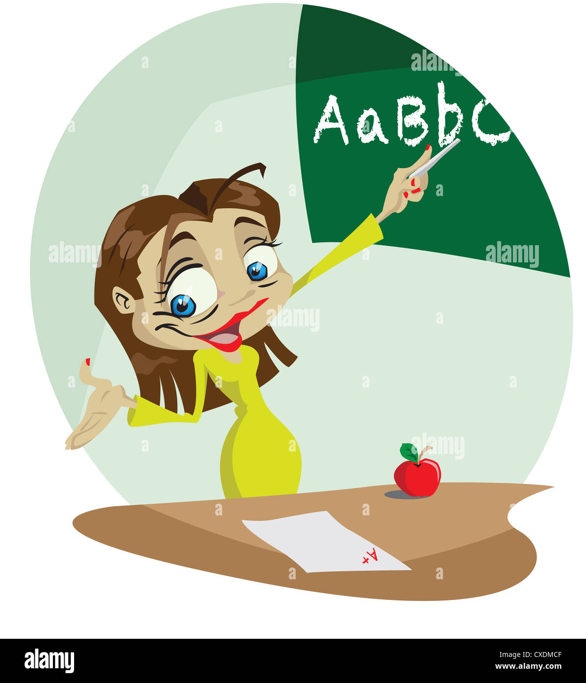 A cheerful cartoon teacher uses a blackboard to teach. Illustrator .eps ...