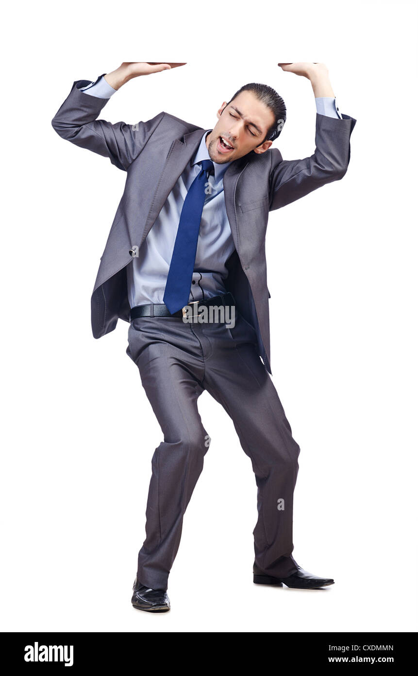 Young businessman pushing invisible obstacles Stock Photo - Alamy