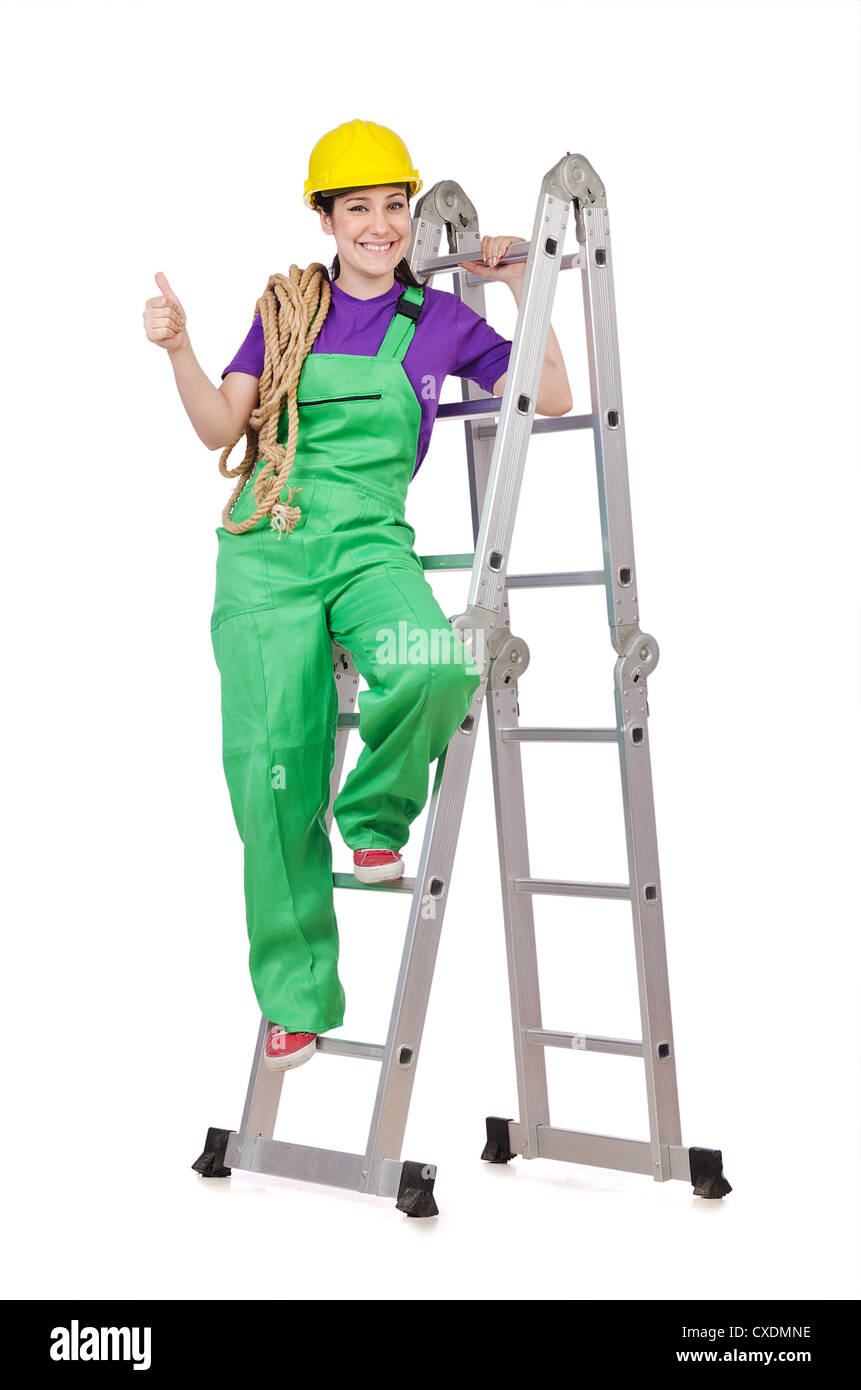Woman worker standing on ladder Stock Photo - Alamy