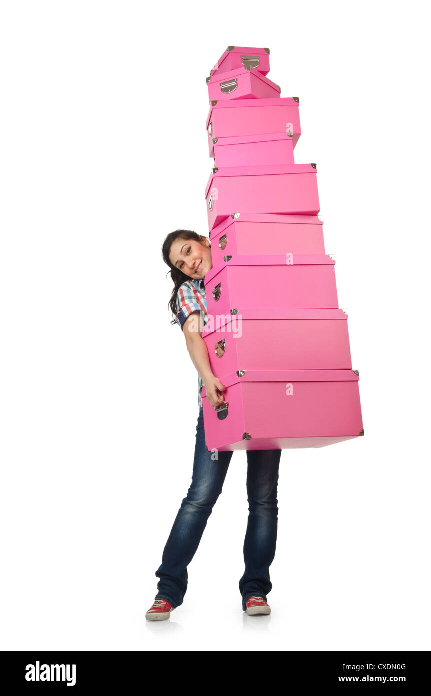 Girl with stack of giftboxes Stock Photo - Alamy
