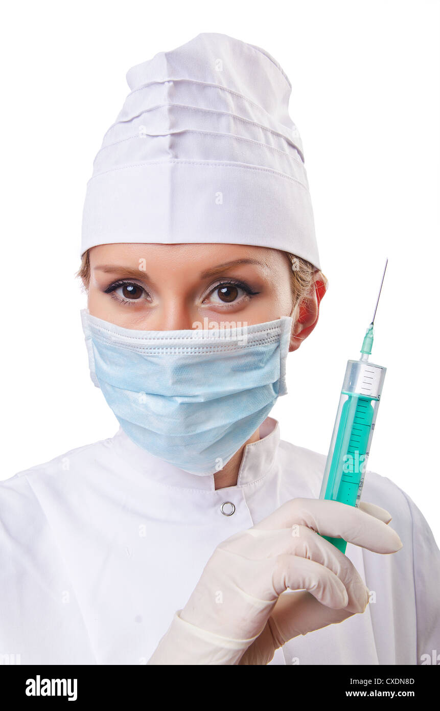 Woman doctor with syringe on white Stock Photo - Alamy