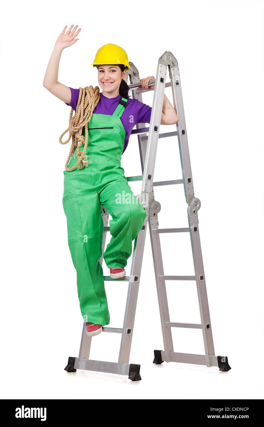 Woman worker standing on ladder Stock Photo - Alamy