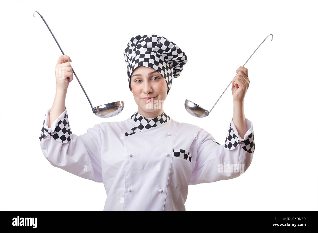 Woman cook with ladle on white Stock Photo - Alamy