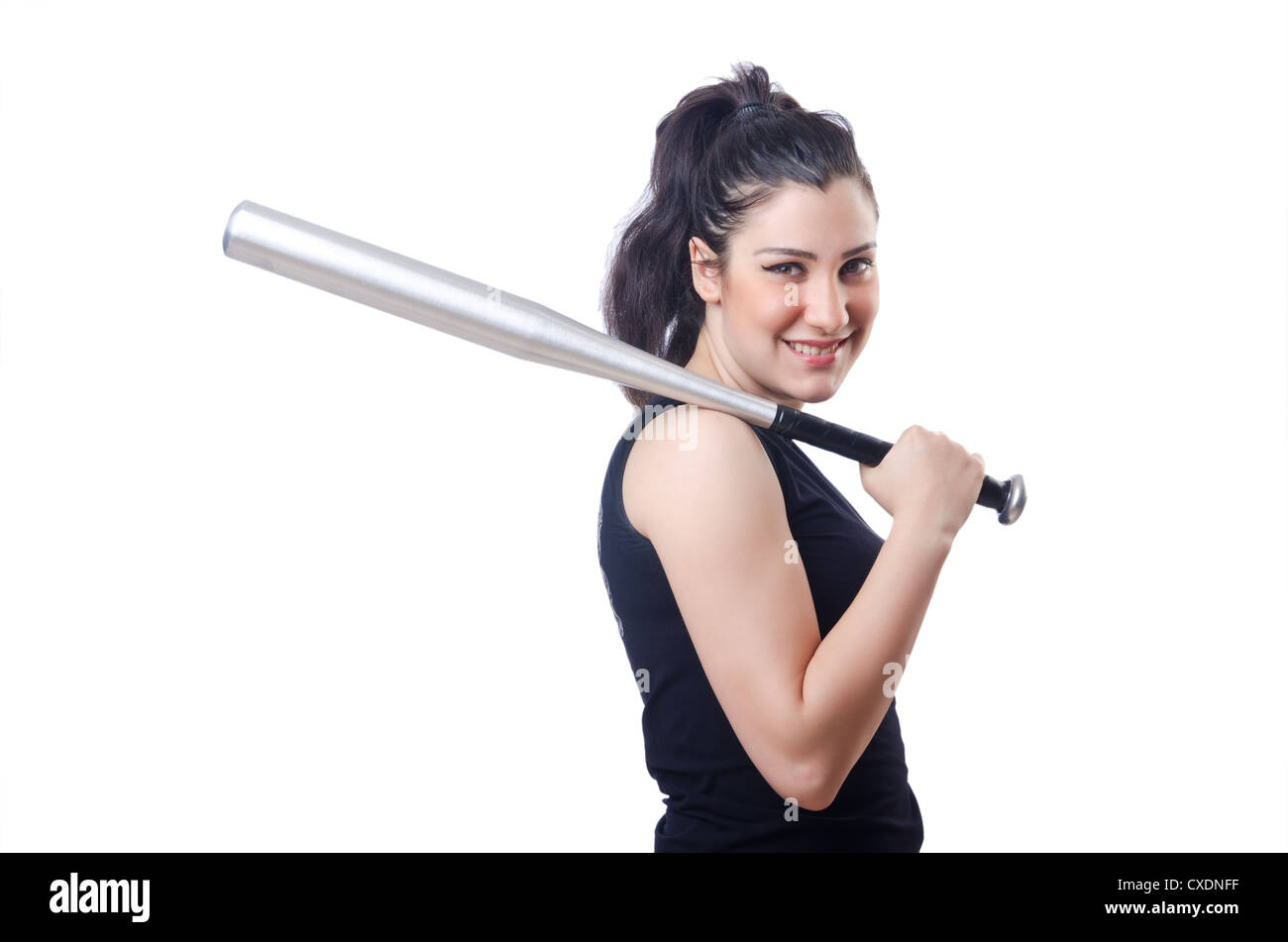 Woman criminal with bat on white Stock Photo - Alamy