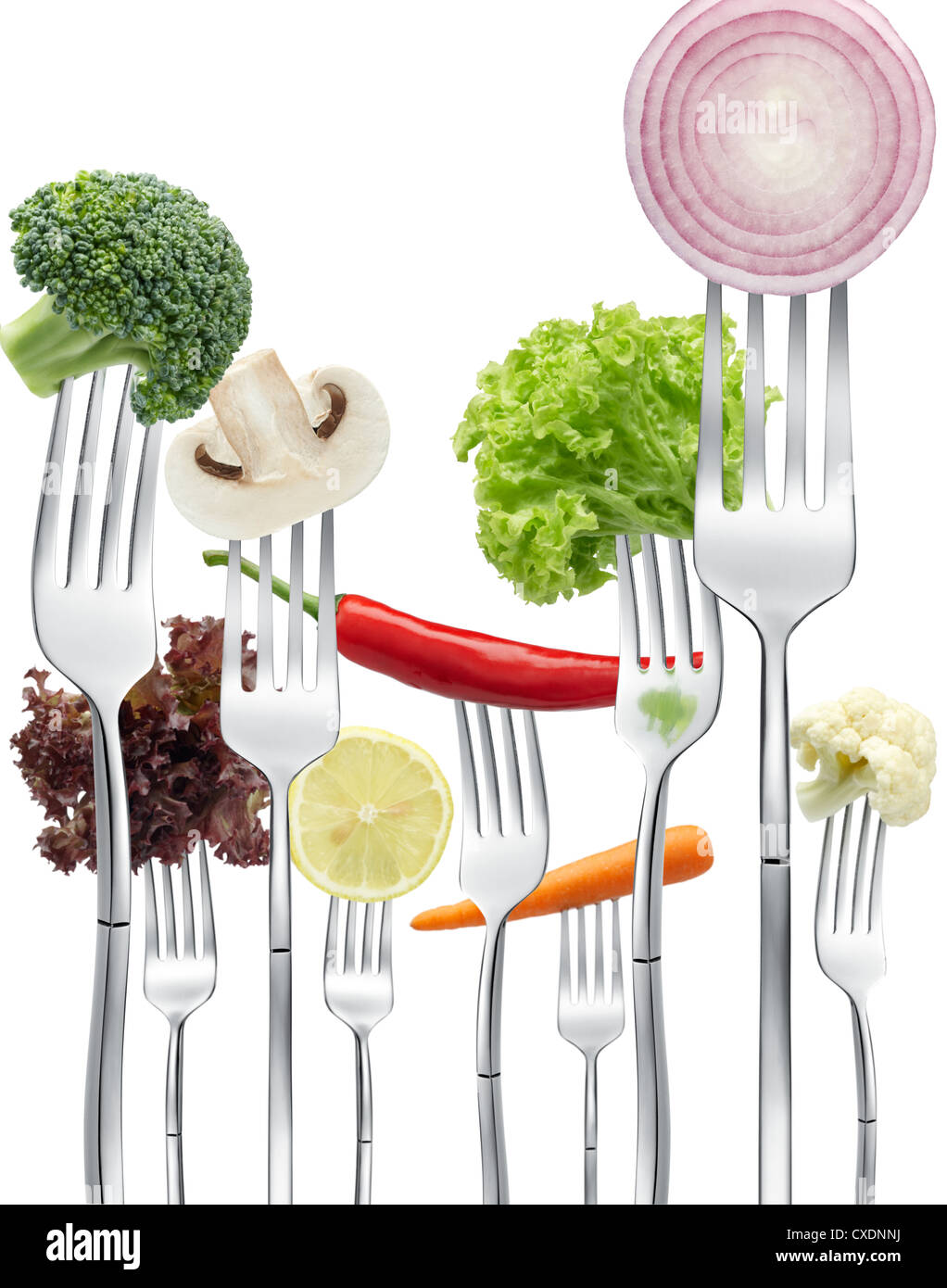 lots of forks with different types of vegetables Stock Photo - Alamy