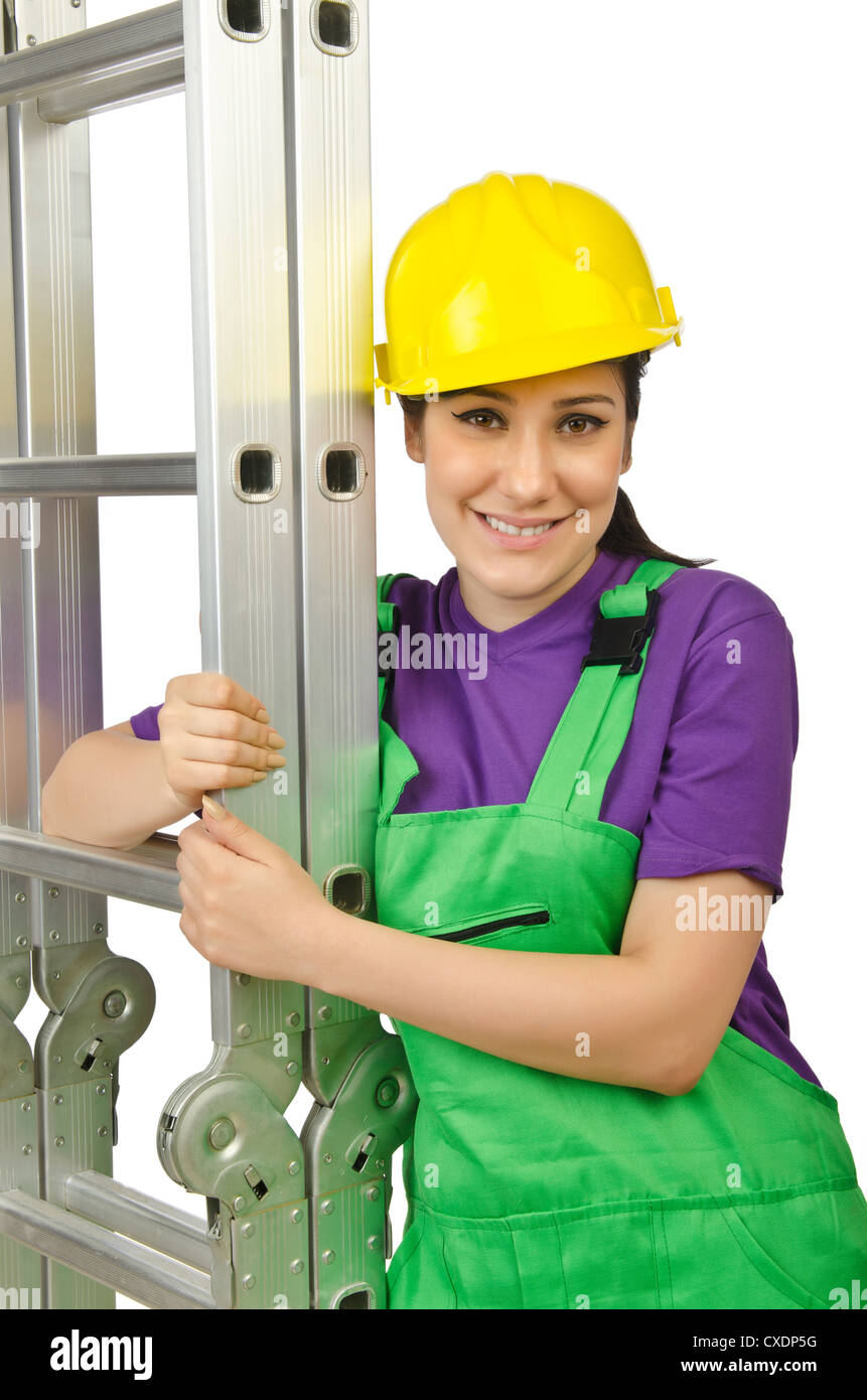Woman worker with ladder on white Stock Photo - Alamy