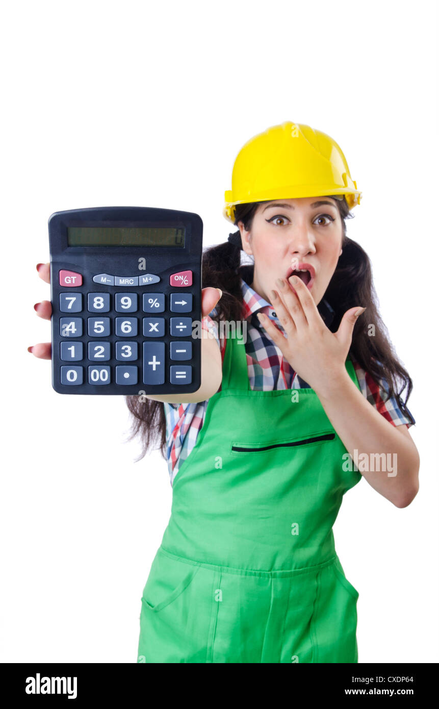 Woman builder with calculator on white Stock Photo - Alamy
