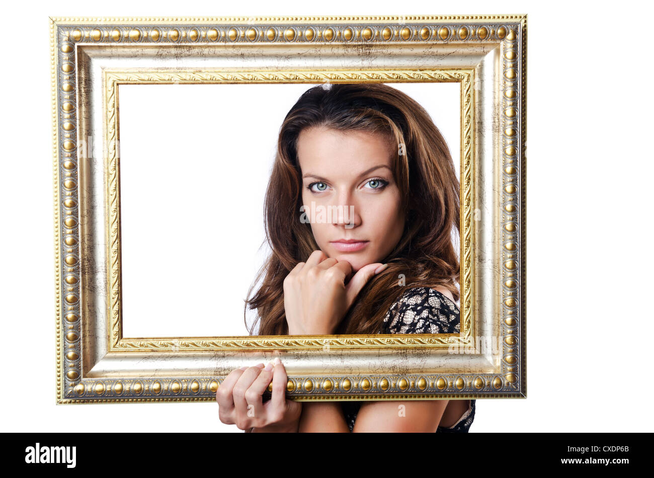 Young woman with picture frame on white Stock Photo - Alamy