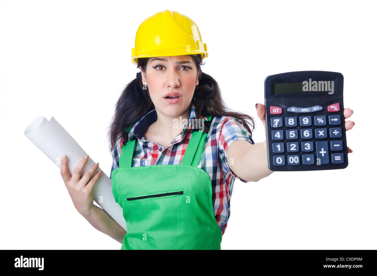 Woman builder with calculator on white Stock Photo - Alamy