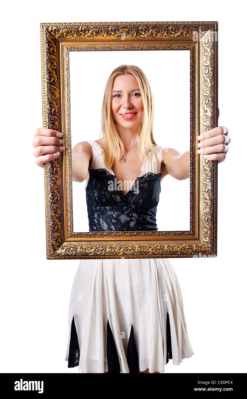 Young woman with picture frame on white Stock Photo - Alamy