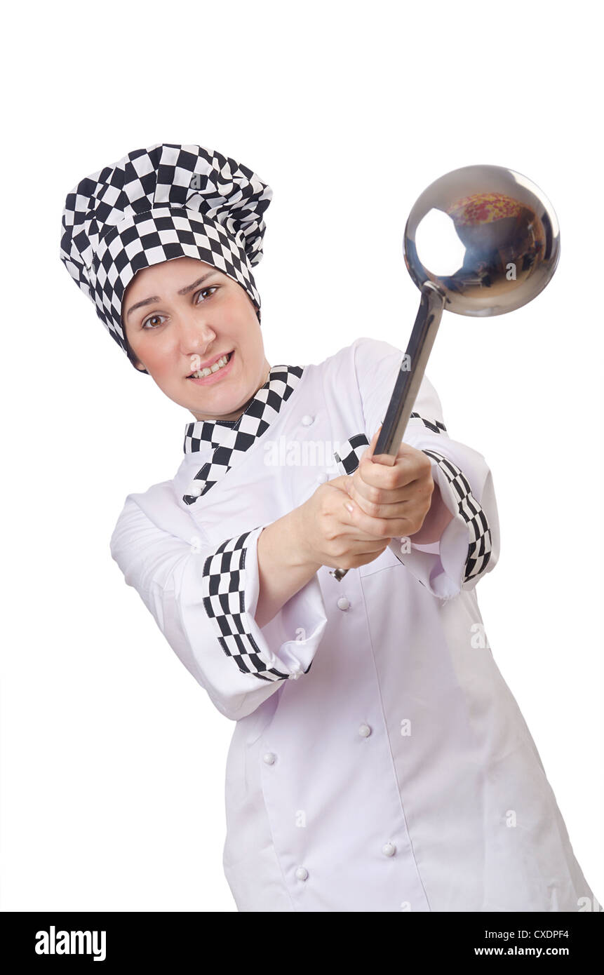 Woman cook with ladle on white Stock Photo - Alamy