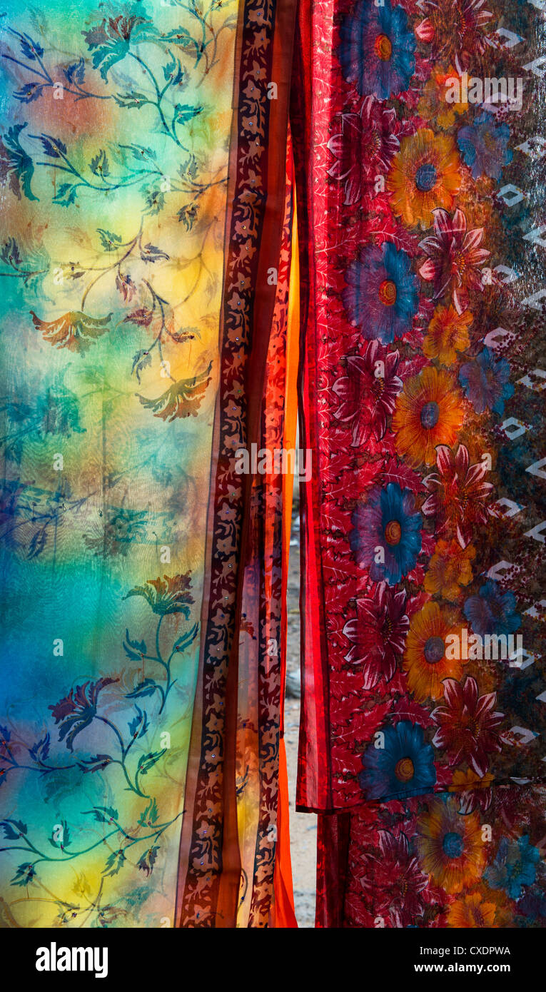 Multicoloured floral Indian sari material on a washing line Stock Photo ...