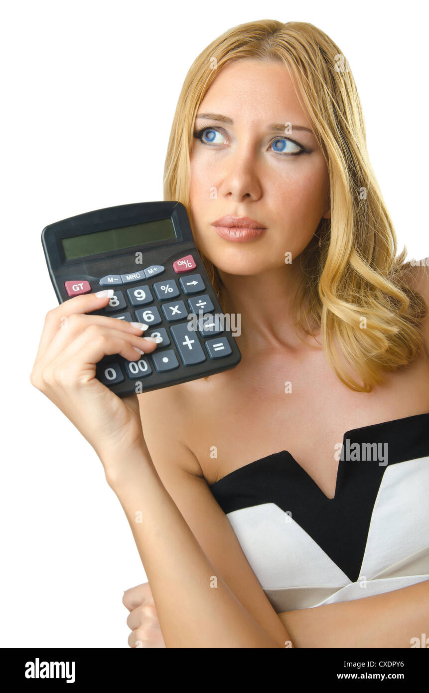 Woman accountant with calculator on white Stock Photo - Alamy