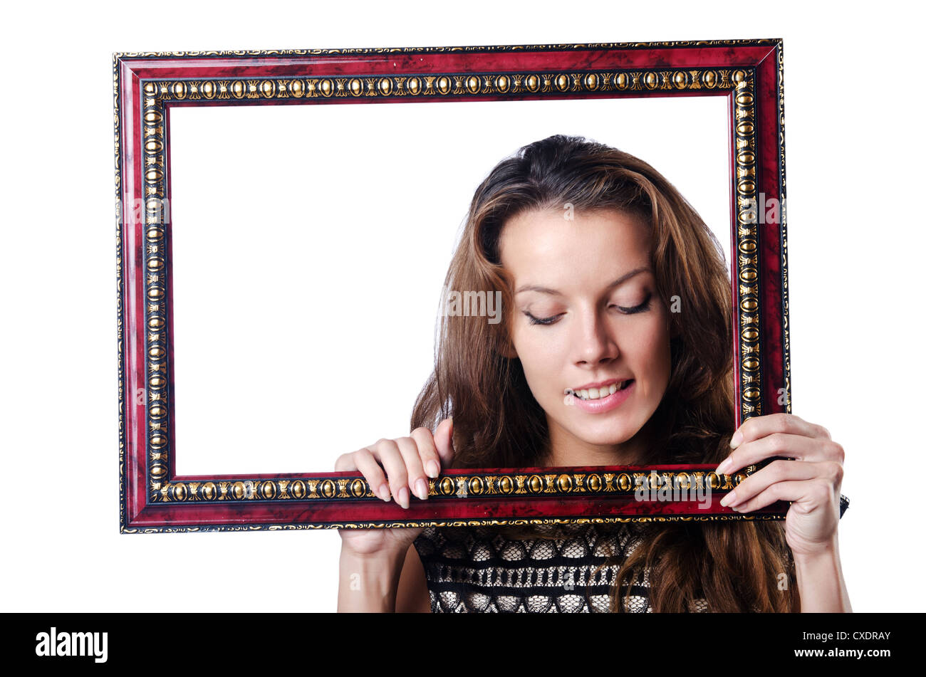 Young woman with picture frame on white Stock Photo - Alamy